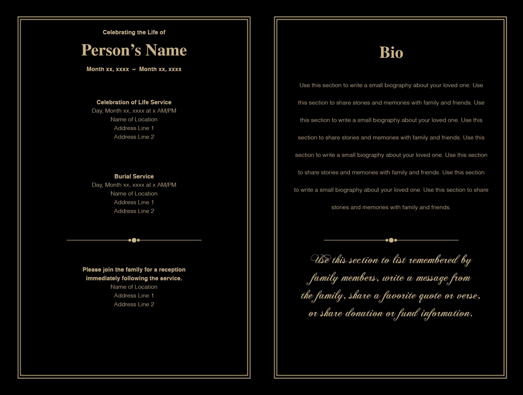 Browse Design - Black Gold - Bi-fold Programs - Custom Memorial Programs