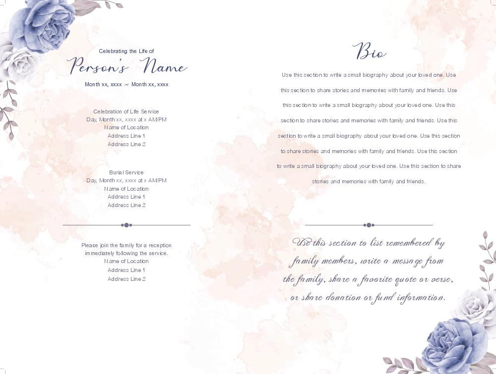 Browse Design - Blue Roses - Bi-fold Programs - Custom Memorial Programs