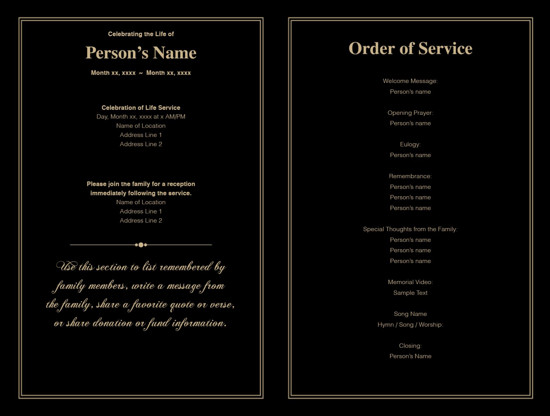Browse Design - Black Gold - Bi-fold Programs - Custom Memorial Programs